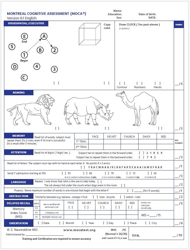 Un ejemplo del 'Montreal Cognitive Assessment'